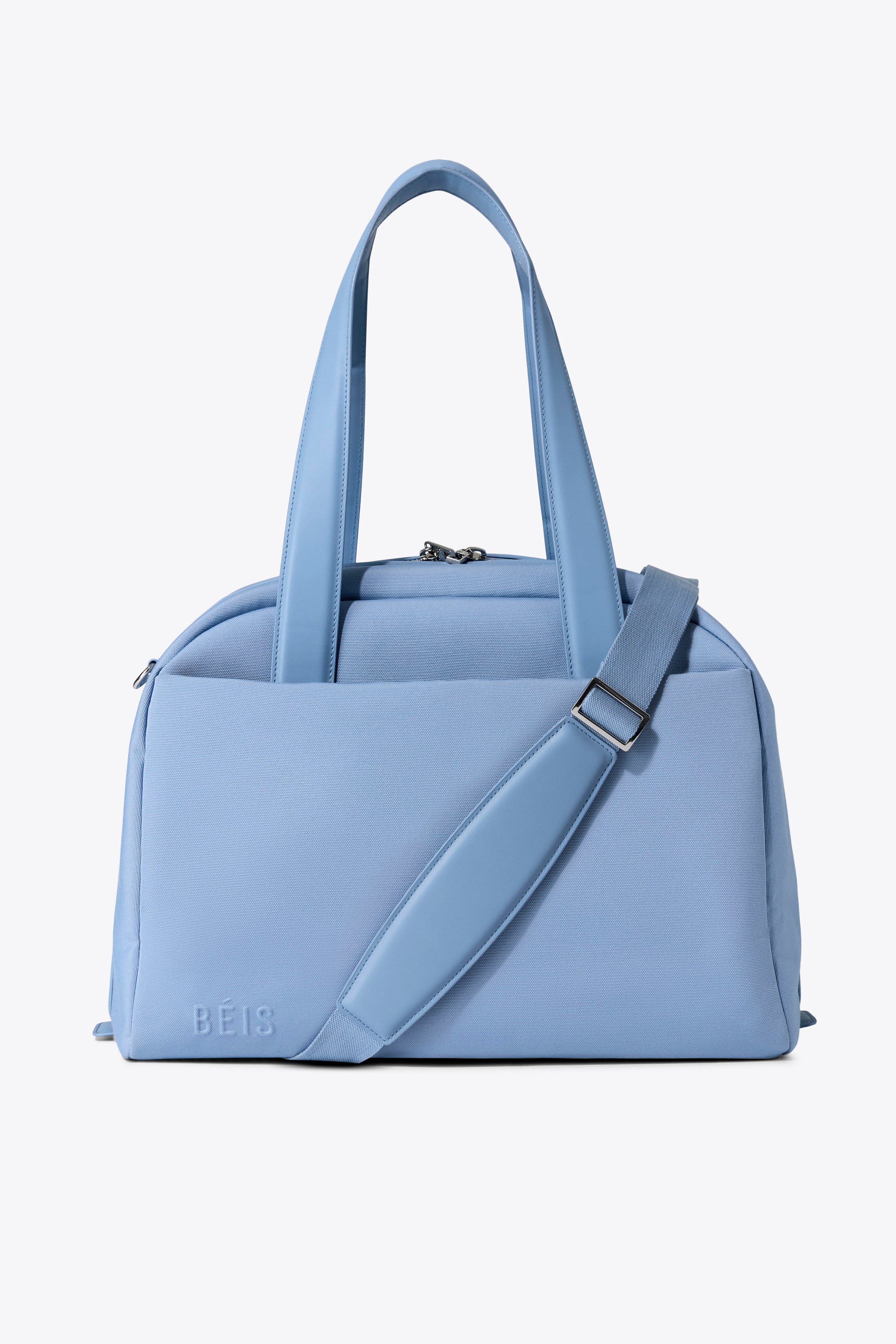 BÉIS ‘The Duffle’ in Dusty Blue - Leather Trim Travel Duffle Bag